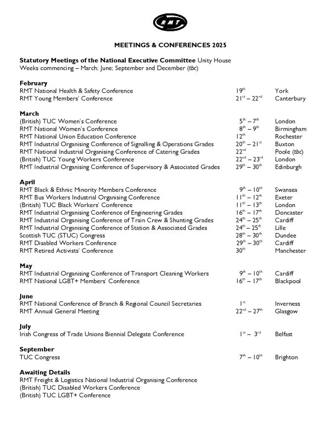 2025 Meetings & Conferences Dates - RMT Gloucester Branch
