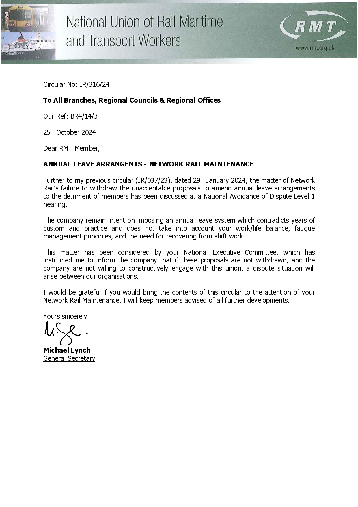 Network Rail Annual Leave Circular - RMT Gloucester Branch