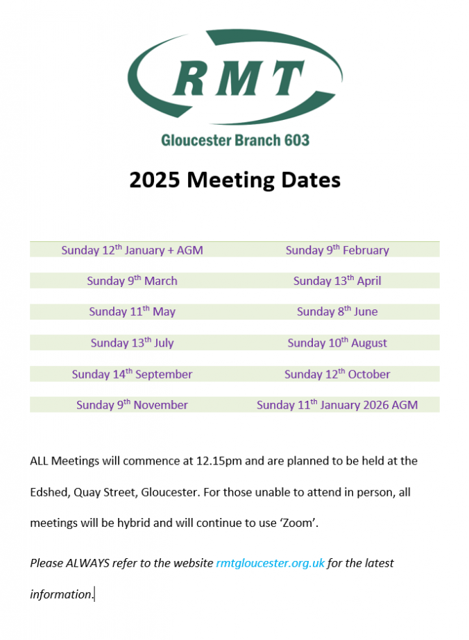 Branch meeting dates for 2025 - RMT Gloucester Branch